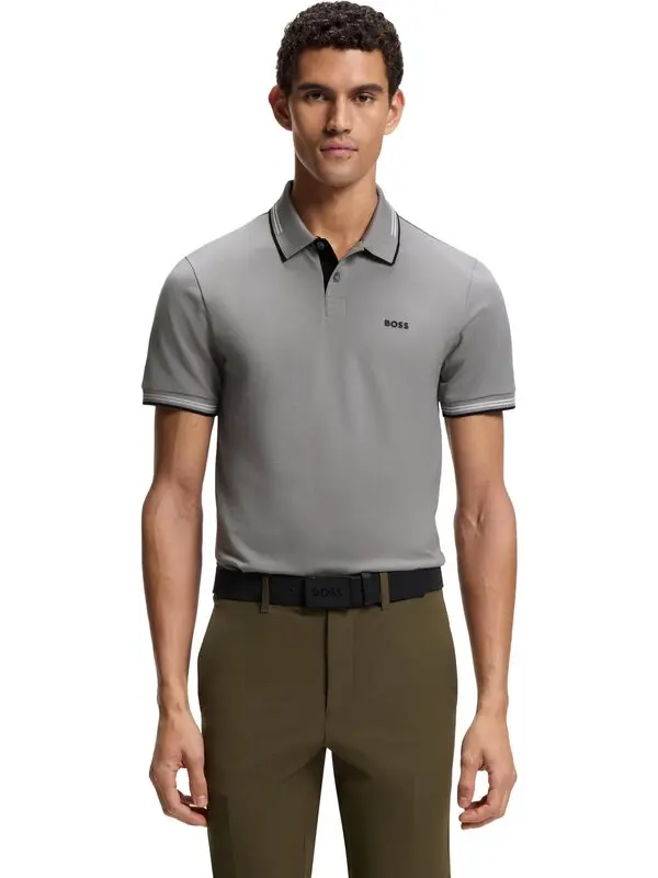 BOSS Stretch-cotton Slim-fit Polo Shirt With Branding And Stripes - Light Grey