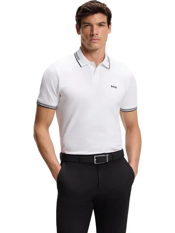 BOSS Stretch-cotton Slim-fit Polo Shirt With Branding And Stripes - White