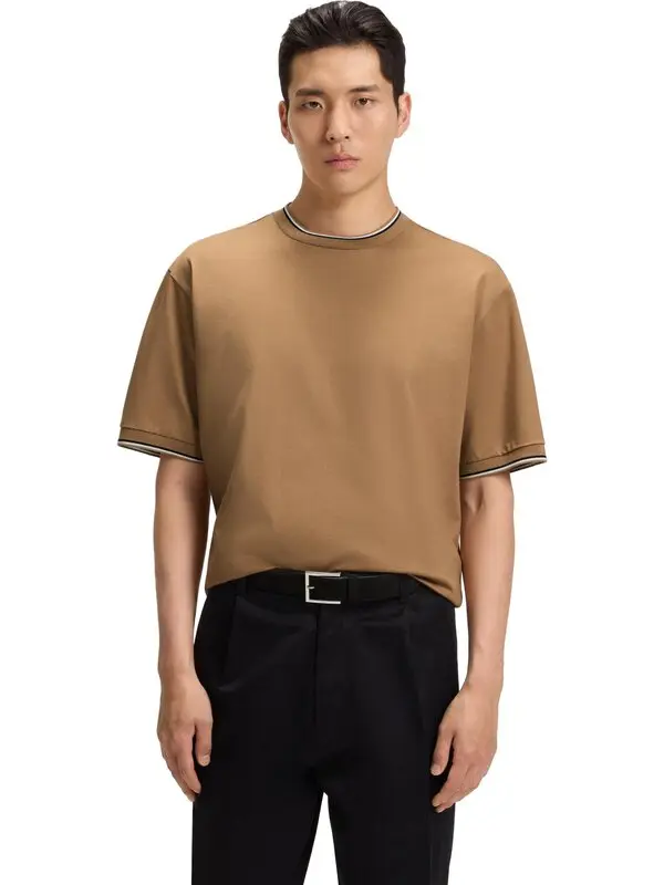 BOSS Striped-cuff T-shirt In Mercerised Cotton - Beige