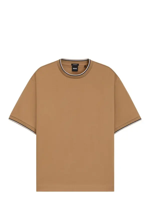 BOSS Striped-cuff T-shirt In Mercerised Cotton - Beige