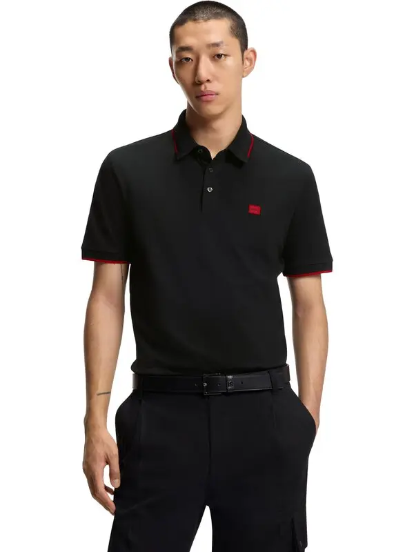 Hugo Cotton-piqué Slim-fit Polo Shirt With Red Logo Label - Black