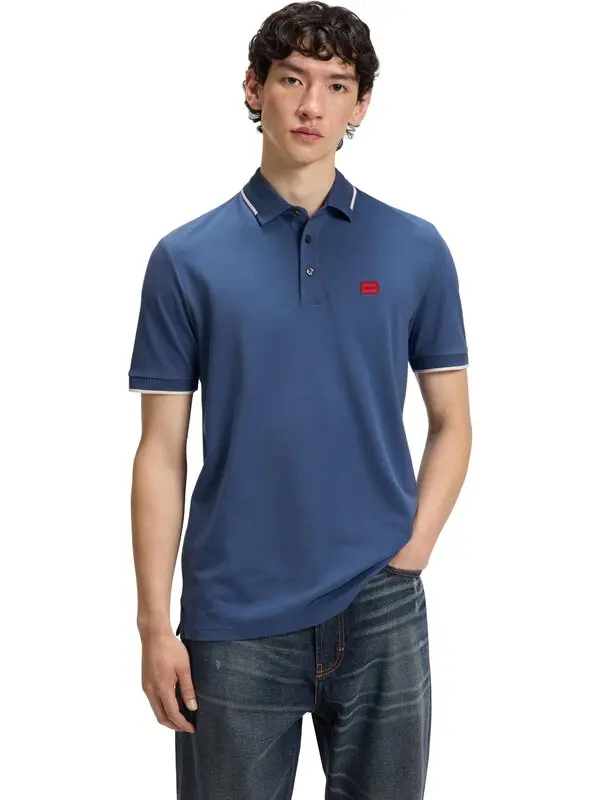Hugo Cotton-piqué Slim-fit Polo Shirt With Red Logo Label - Blue