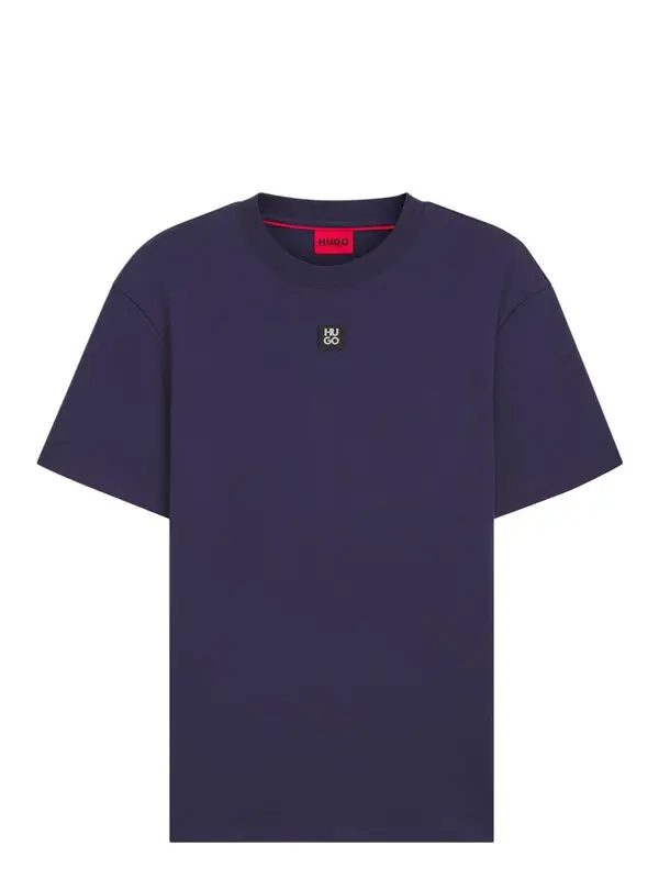 Hugo Interlock-cotton T-shirt With Metallic Stacked-logo Badge - Dark Blue