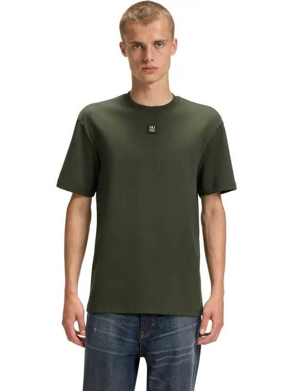 Hugo Interlock-cotton T-shirt With Metallic Stacked-logo Badge - Dark Green