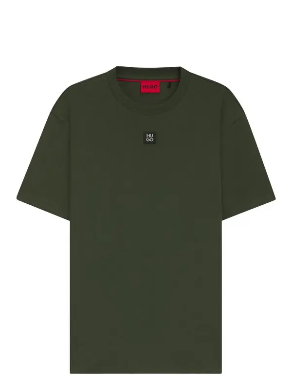 Hugo Interlock-cotton T-shirt With Metallic Stacked-logo Badge - Dark Green