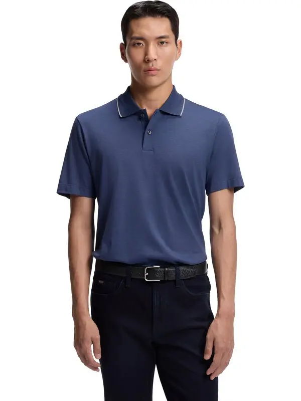 BOSS Collar-tipping Polo Shirt In Cotton And Silk - Light Blue