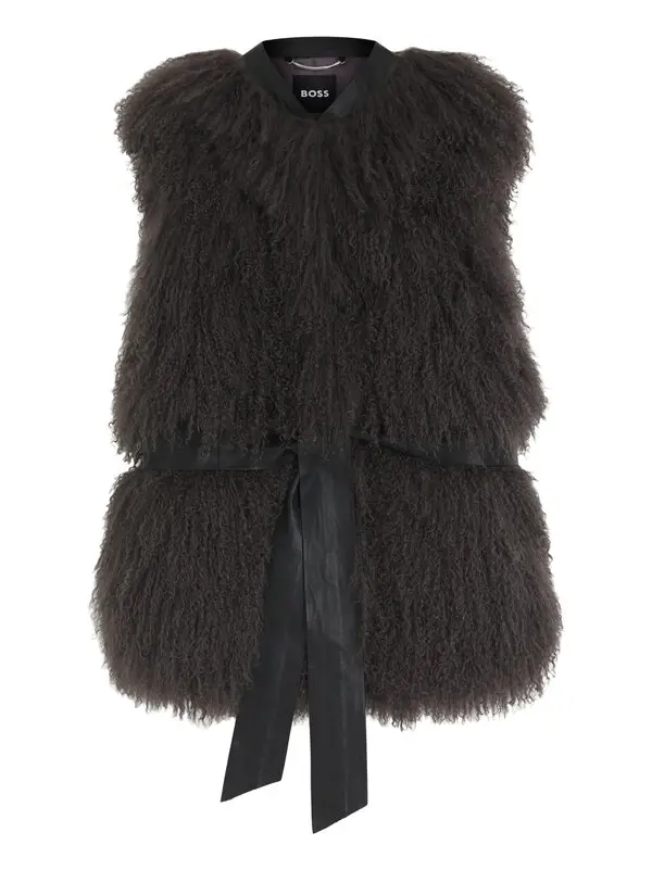 BOSS Mongolian Shearling Gilet With Detachable Leather Belt - Dark Grey