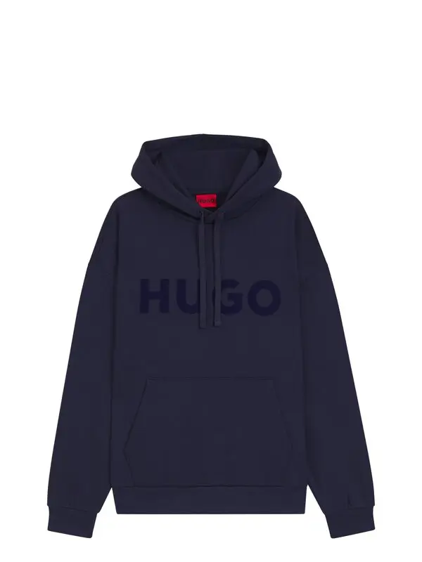 Hugo Cotton Terry Hoodie With Tonal Logo - Dark Blue