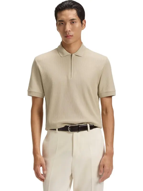 BOSS Zip-placket Polo Shirt In Structured Cotton - Light Beige