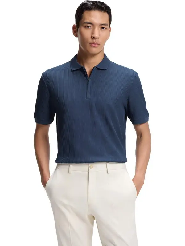 BOSS Zip-placket Polo Shirt In Structured Cotton - Light Blue