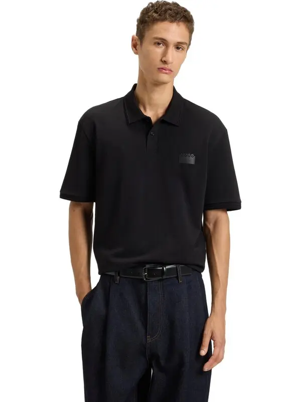Hugo Split-logo Relaxed-fit Polo Shirt In Cotton Piqu - Black