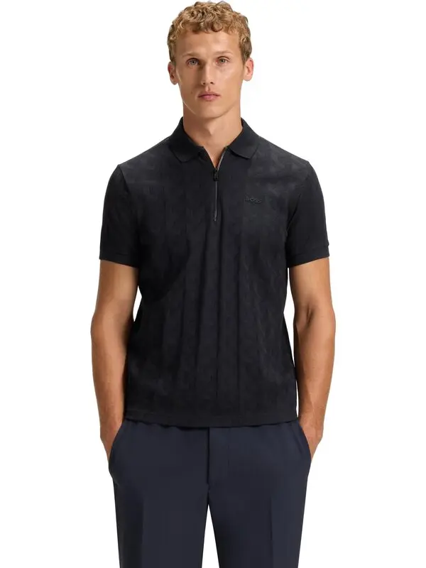 BOSS Jacquard-pattern Polo Shirt In Mercerised Cotton - Dark Blue