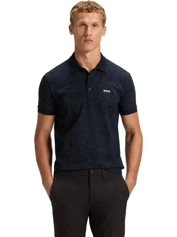 BOSS Stretch-cotton Polo Shirt With All-over Print - Black