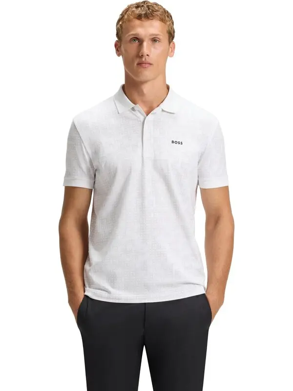 BOSS Stretch-cotton Polo Shirt With All-over Print - White
