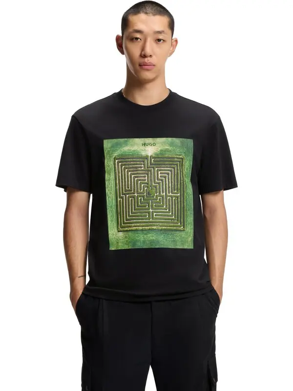 Hugo Maze-print T-shirt In Cotton Jersey - Black