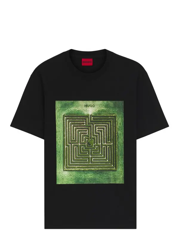 Hugo Maze-print T-shirt In Cotton Jersey - Black