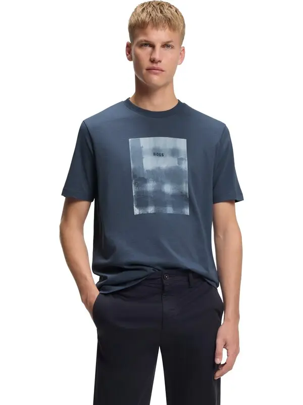 BOSS Printed-artwork T-shirt In Cotton Jersey - Light Blue