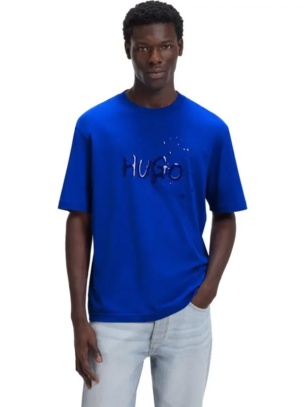 Hugo Printed-artwork T-shirt In Cotton Jersey - Light Blue