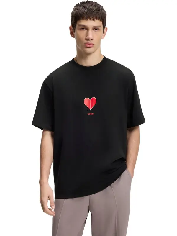 Hugo All-gender Cotton-jersey T-shirt With Origami-heart Prints - Black