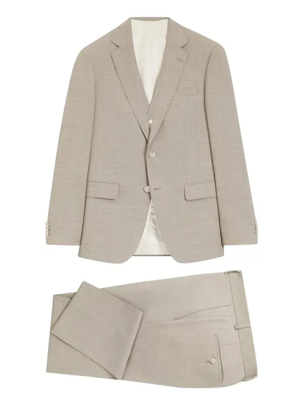 BOSS Three-piece Slim-fit Suit In Patterned Stretch Wool - Khaki
