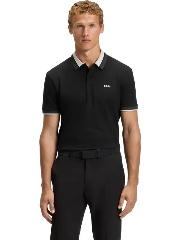 BOSS Stripe-collar Polo Shirt In Cotton Piqu - Black