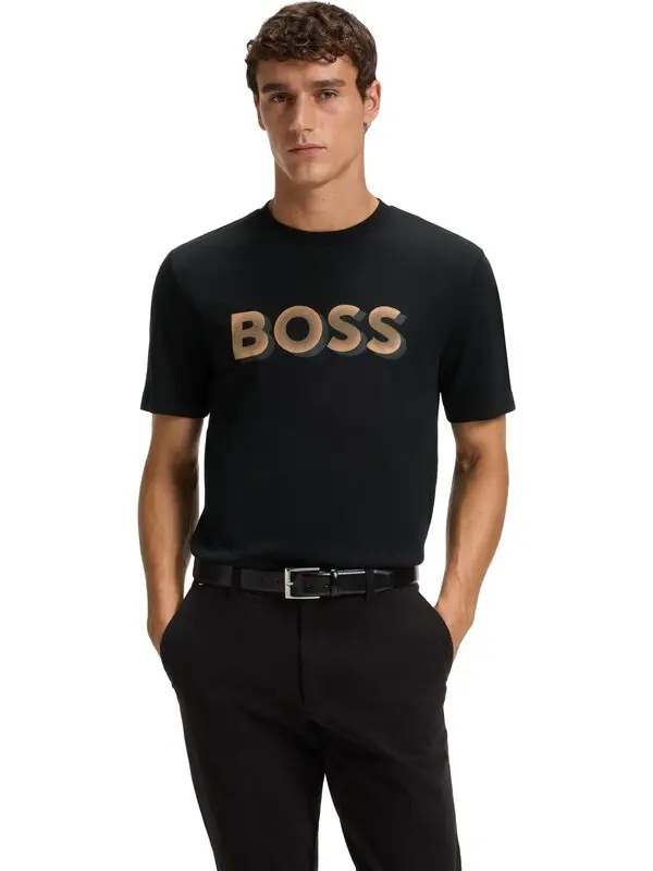 BOSS Logo-artwork T-shirt In Mercerised Cotton - Black
