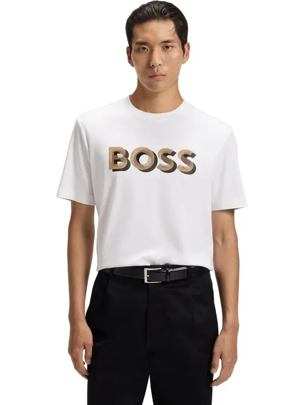 BOSS Logo-artwork T-shirt In Mercerised Cotton - White