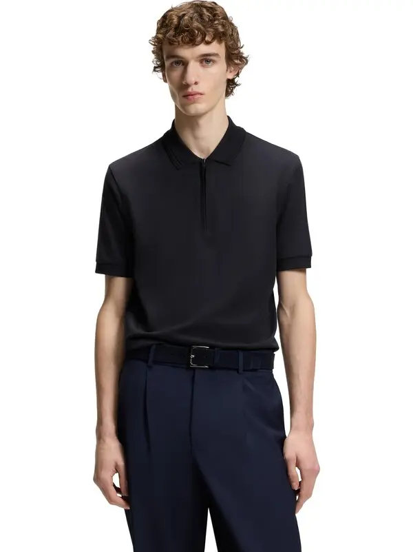 BOSS Zip-placket Polo Shirt In A Cotton Blend - Dark Blue