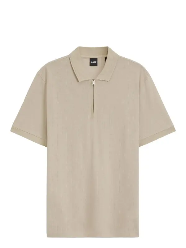 BOSS Zip-placket Polo Shirt In A Cotton Blend - Light Beige
