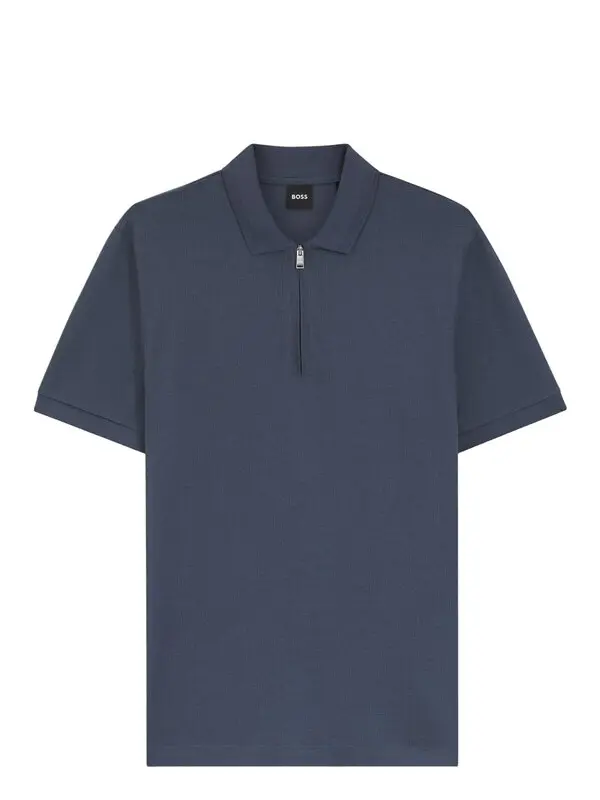 BOSS Zip-placket Polo Shirt In A Cotton Blend - Light Blue