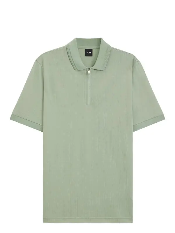 BOSS Zip-placket Polo Shirt In A Cotton Blend - Light Green