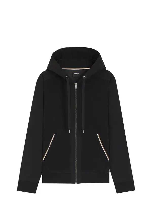 BOSS Cotton-terry Zip-up Hoodie With Striped Trims - Black