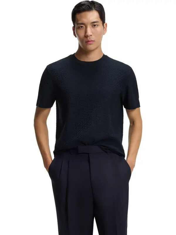 BOSS Monogram-jacquard T-shirt In Mercerised Cotton - Dark Blue