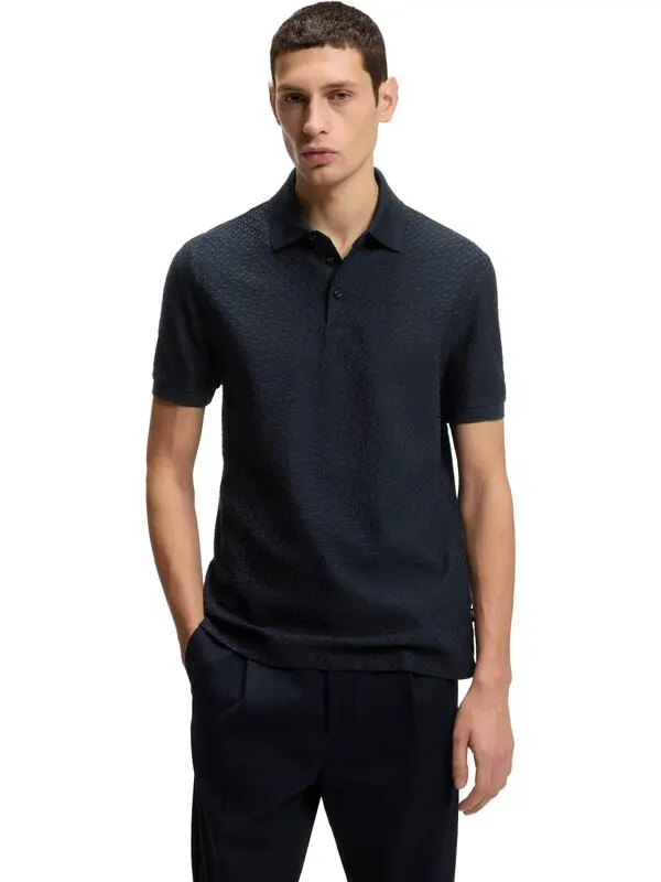 BOSS Monogram-jacquard Polo Shirt In Cotton - Dark Blue