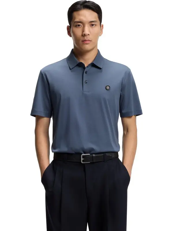 BOSS Mercerized-cotton Polo Shirt With Double B Monogram - Light Blue