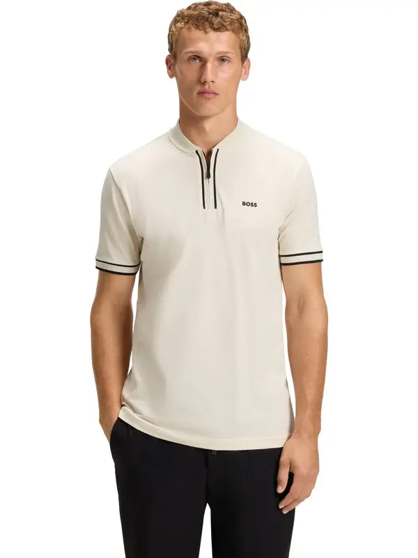 BOSS Zip-neck Polo Shirt In Stretch-cotton Piqu - White