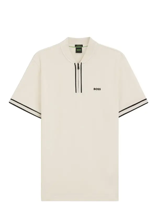 BOSS Zip-neck Polo Shirt In Stretch-cotton Piqu - White