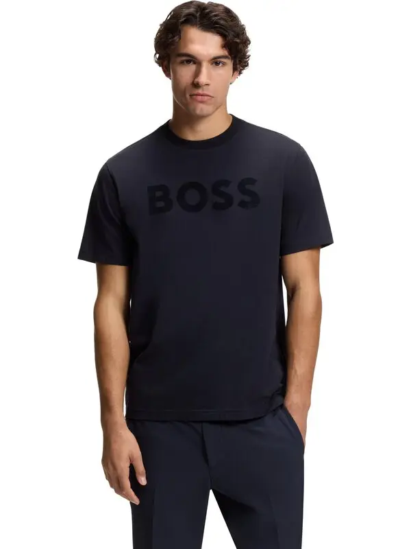 BOSS Tonal-logo T-shirt In Stretch Cotton - Dark Blue