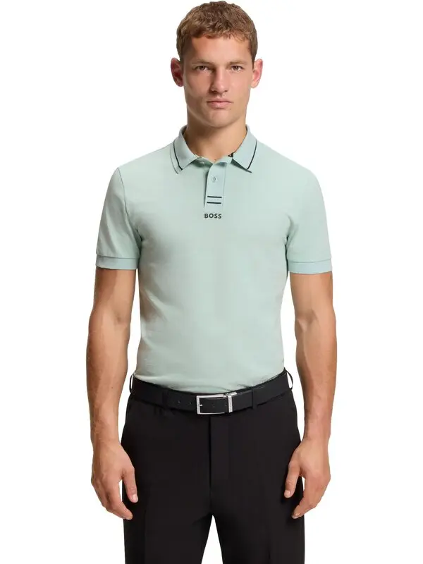 BOSS Centred-logo Slim-fit Polo Shirt In Cotton Piqu - Turquoise