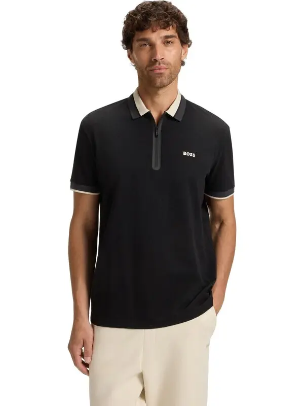 BOSS Zip-placket Polo Shirt In Cotton Piqu - Black