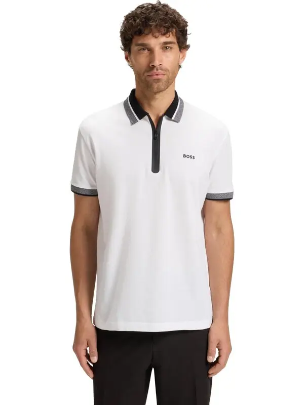 BOSS Zip-placket Polo Shirt In Cotton Piqu - White