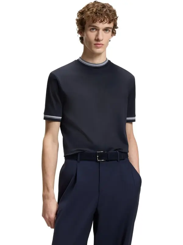 BOSS Contrast-tipping Slim-fit T-shirt In Mercerised Cotton - Dark Blue