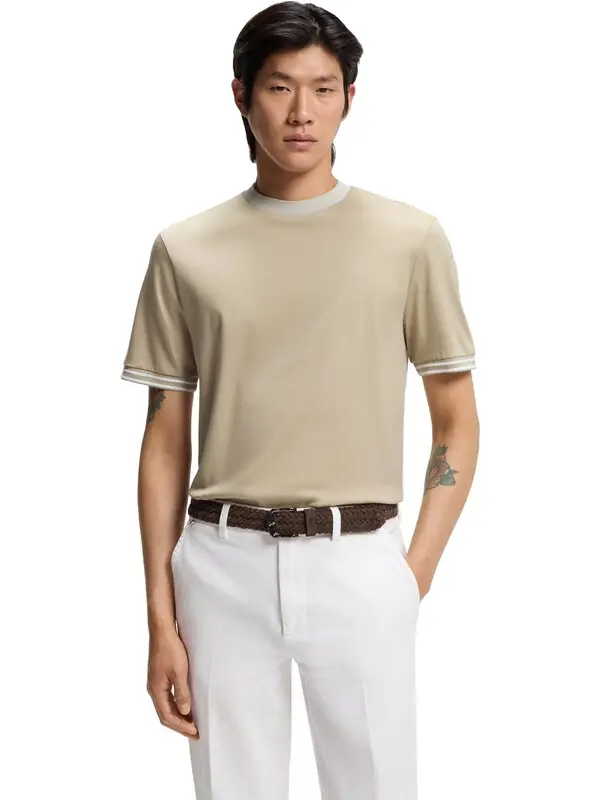 BOSS Contrast-tipping Slim-fit T-shirt In Mercerised Cotton - Light Beige