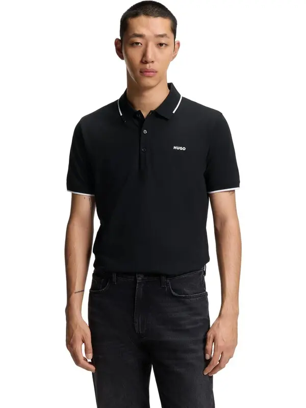 Hugo Embroidered-logo Slim-fit Polo Shirt In Stretch Cotton - Black