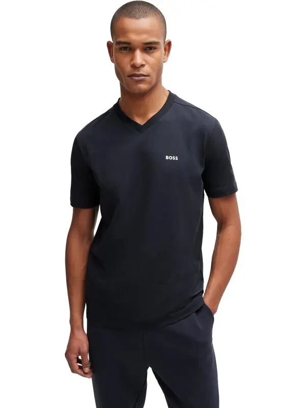 BOSS Stretch-cotton Regular-fit T-shirt With Contrast Logo - Dark Blue
