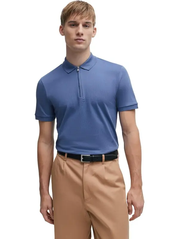 BOSS Structured-cotton Slim-fit Polo Shirt With Zip Placket - Light Blue