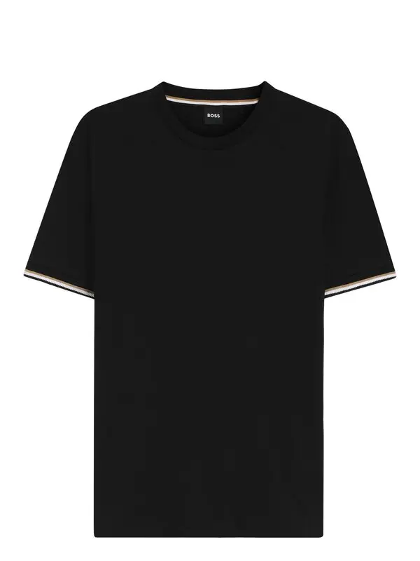 BOSS Cotton-jersey T-shirt With Signature-stripe Cuffs - Black
