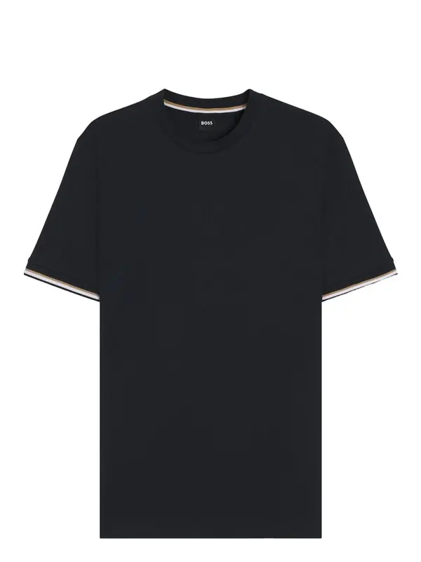 BOSS Cotton-jersey T-shirt With Signature-stripe Cuffs - Dark Blue