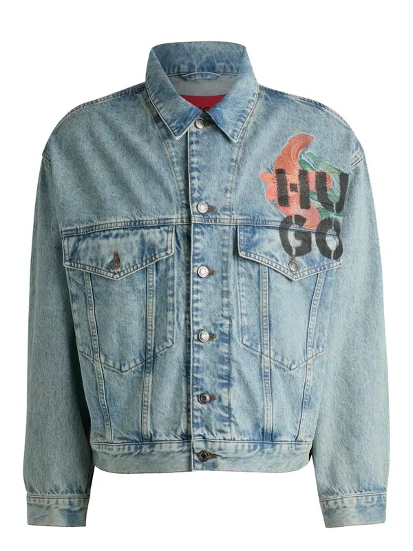 Hugo Regular-fit Denim Jacket With Floral Logo - Turquoise