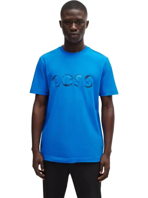 BOSS Stretch-cotton Short-sleeved T-shirt With Logo Artwork - Light Blue
